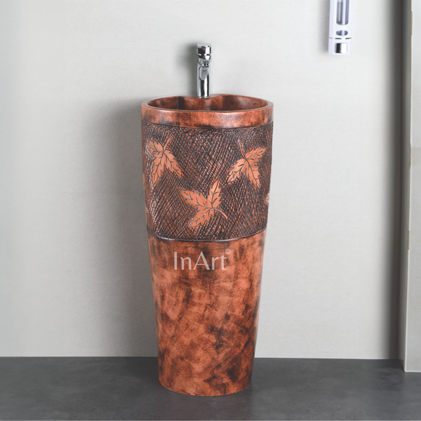 InArt Ceramic One Piece Pedestal Wash Basin Free Standing Round Wooden ...