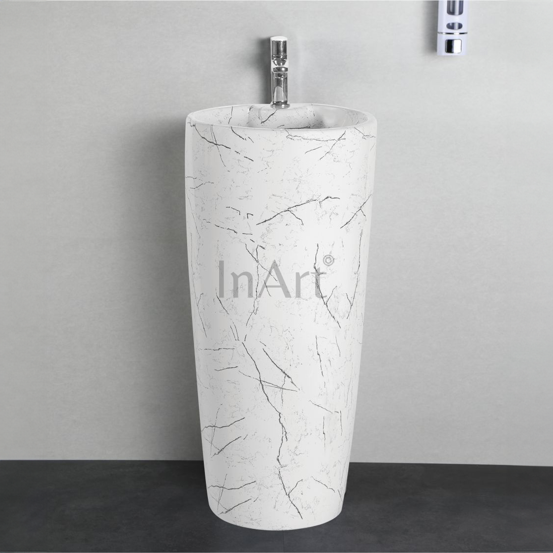 InArt Ceramic One Piece Pedestal Wash Basin Free Standing Round Marble ...