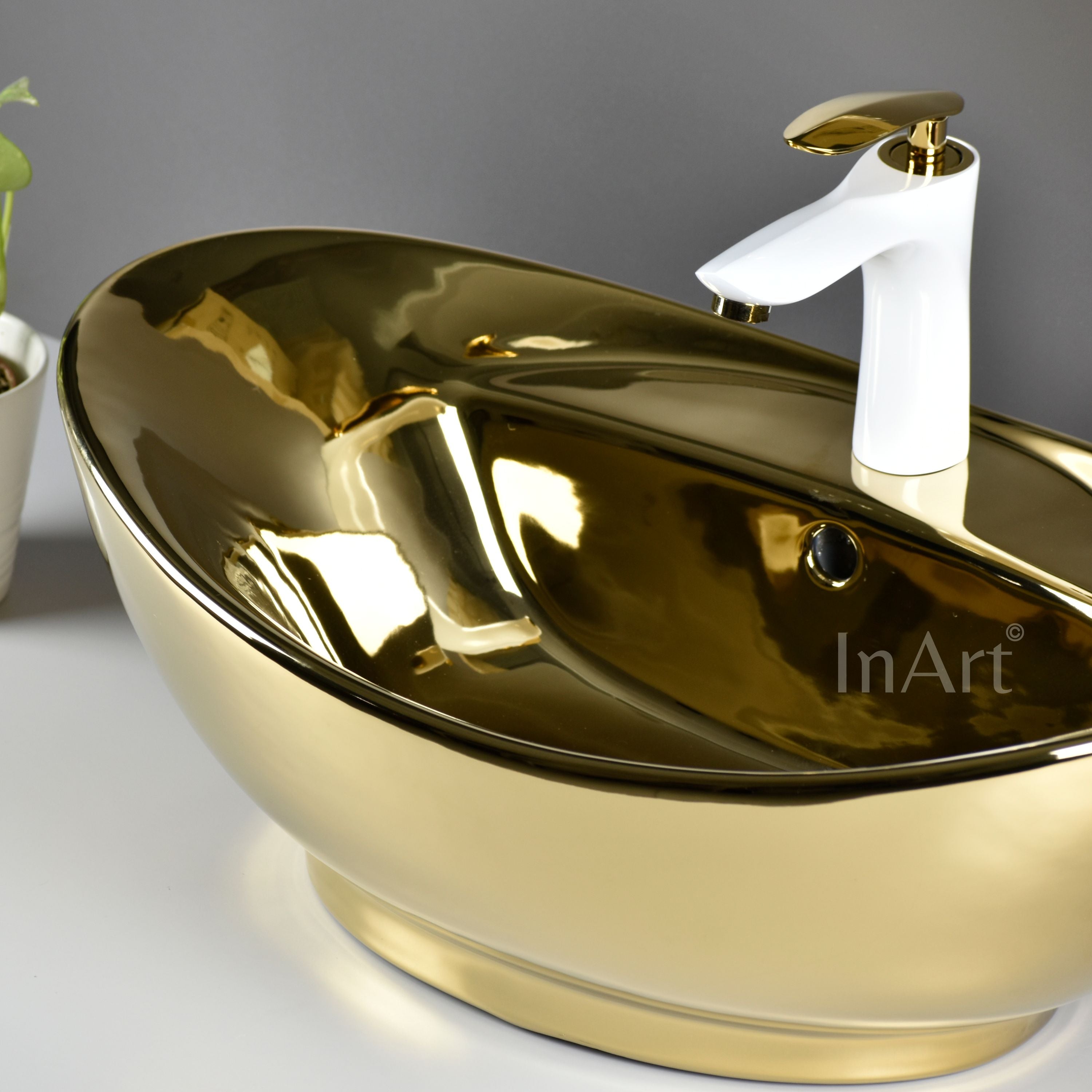 InArt Oval Gold Colored Wash Basin 59 x 39 x 21 cm Premium Vanity Wash ...