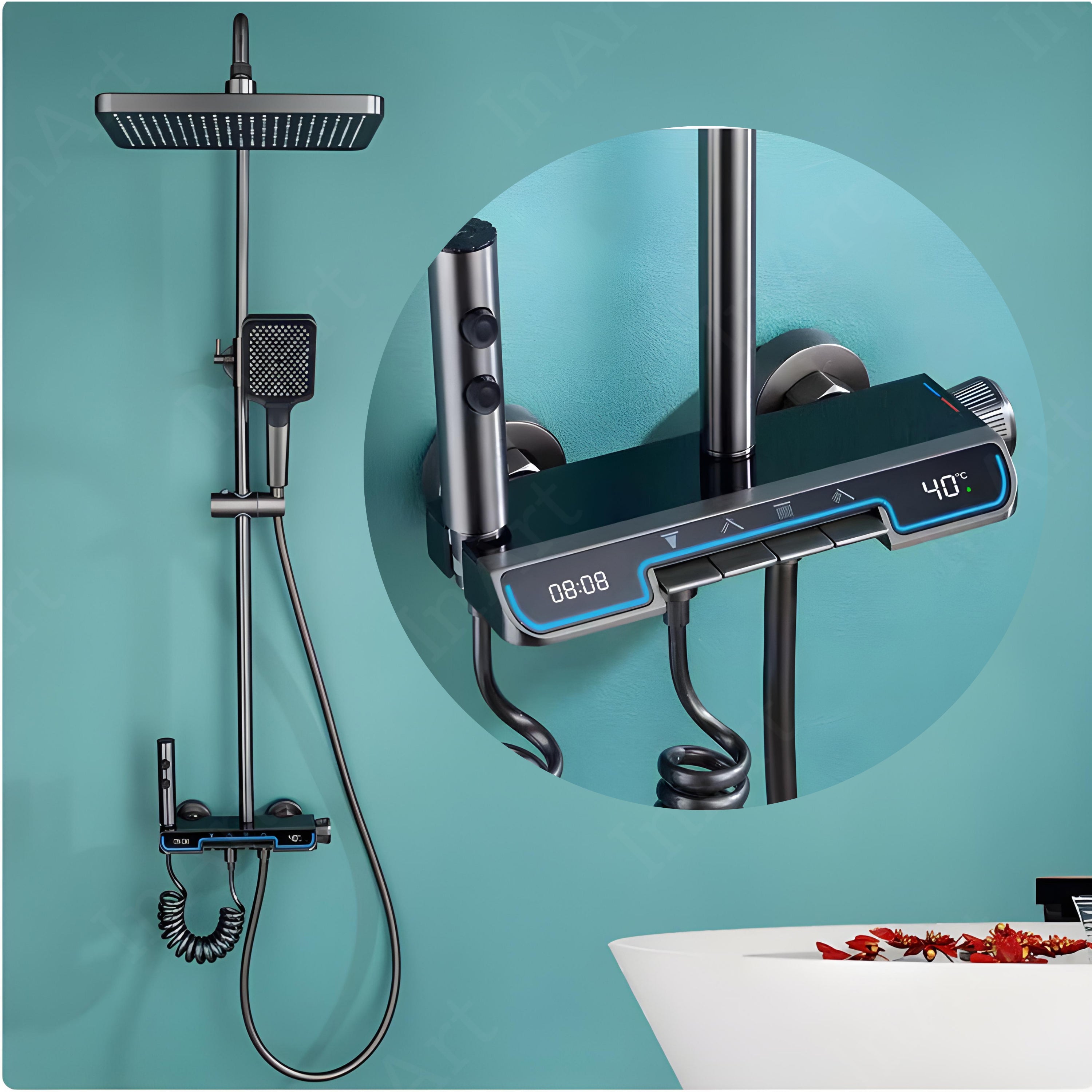 InArt Solid Brass Circular Shower Panel Set with Digital Temperature D ...