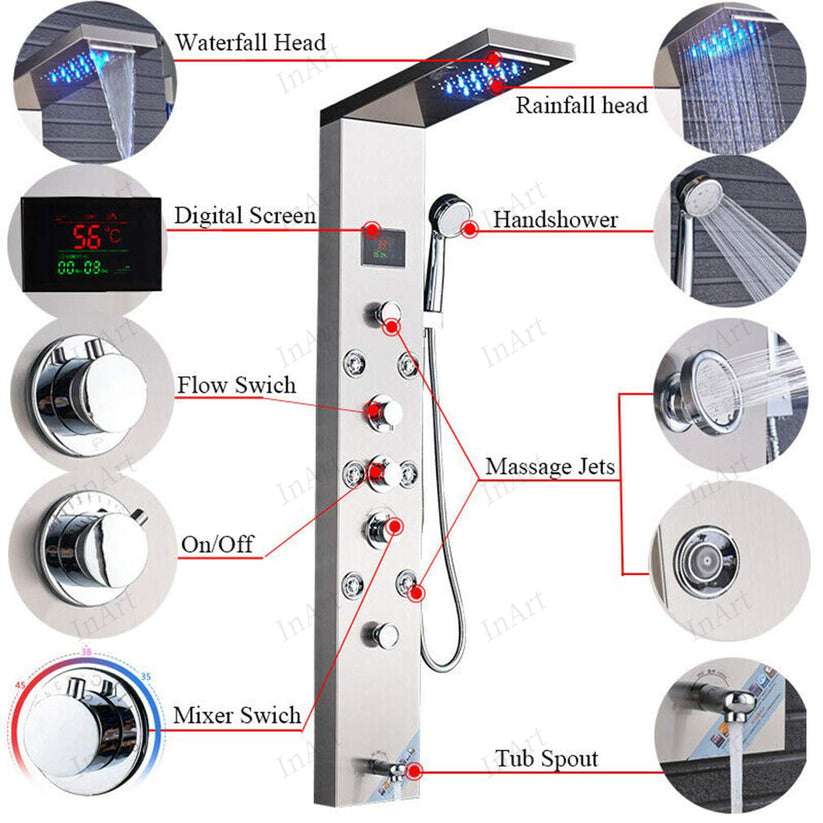 InArt Shower Panel Stainless Steel 304 | 6-in-1 Thermostatic LED Showe ...