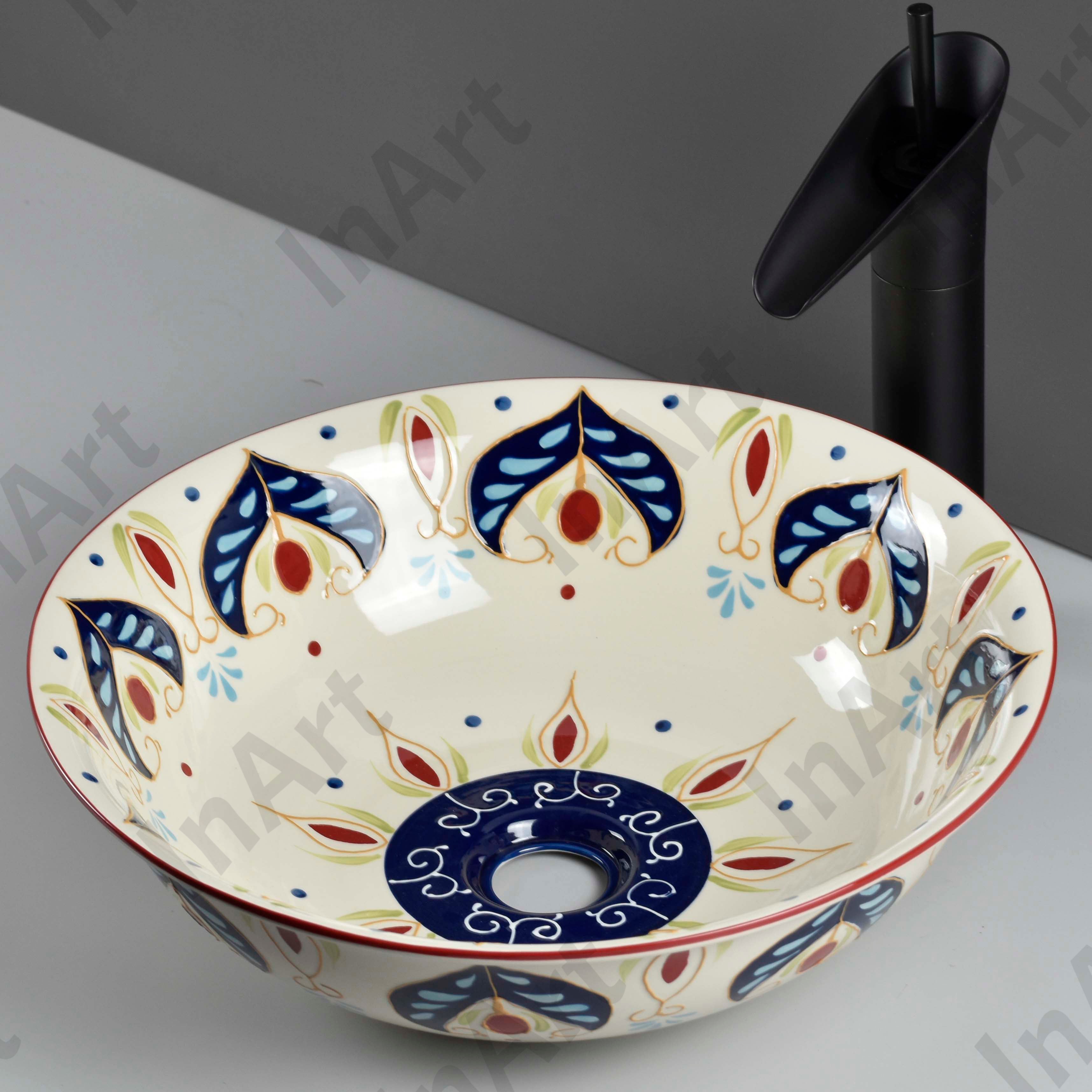 InArt Ceramic Tabletop Wash Basin, 42 x 42 x 13 CM, Round, Art Beige B ...